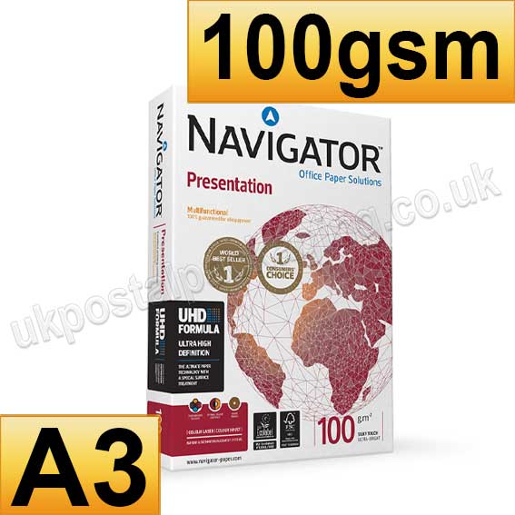 Navigator, A3 Paper 100gsm, Smooth White - 500 Sheets - UK Postal Packaging