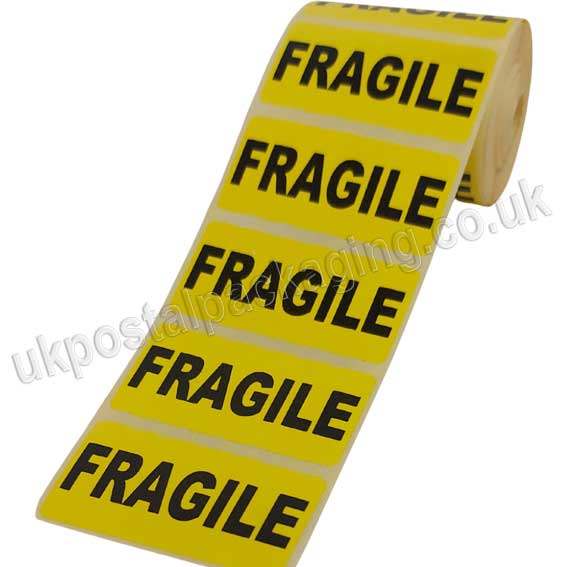 Fragile, Yellow Labels, 50 x 25mm - Roll of 500 - UK Postal Packaging