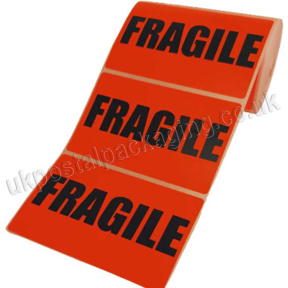 Fragile, Red Labels, 101.6 x 63.5mm - Roll of 500 - UK Postal Packaging