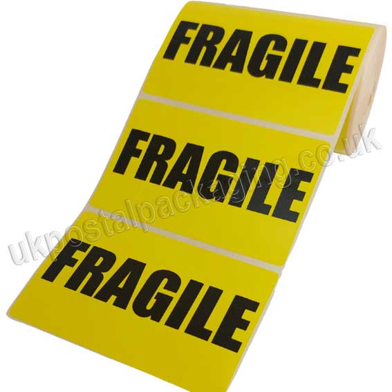 Fragile, Yellow Labels, 101.6 x 63.5mm - Roll of 500 - UK Postal Packaging