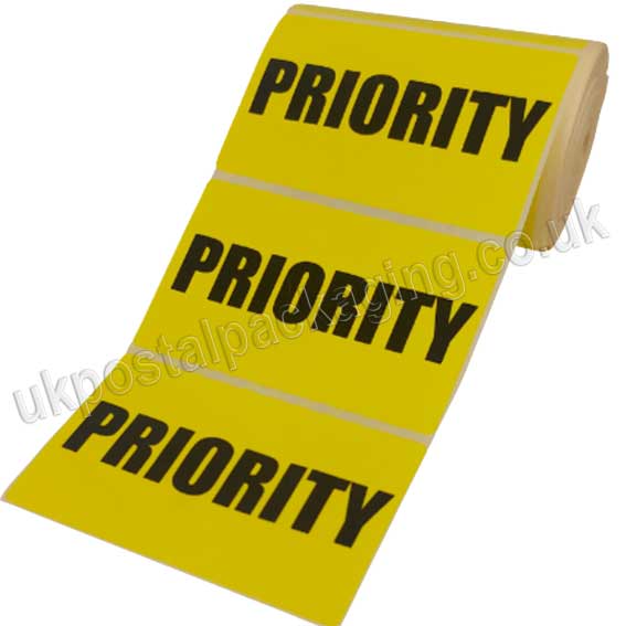 Priority, Yellow Labels, 101.6 x 63.5mm - Roll of 500 - UK Postal Packaging